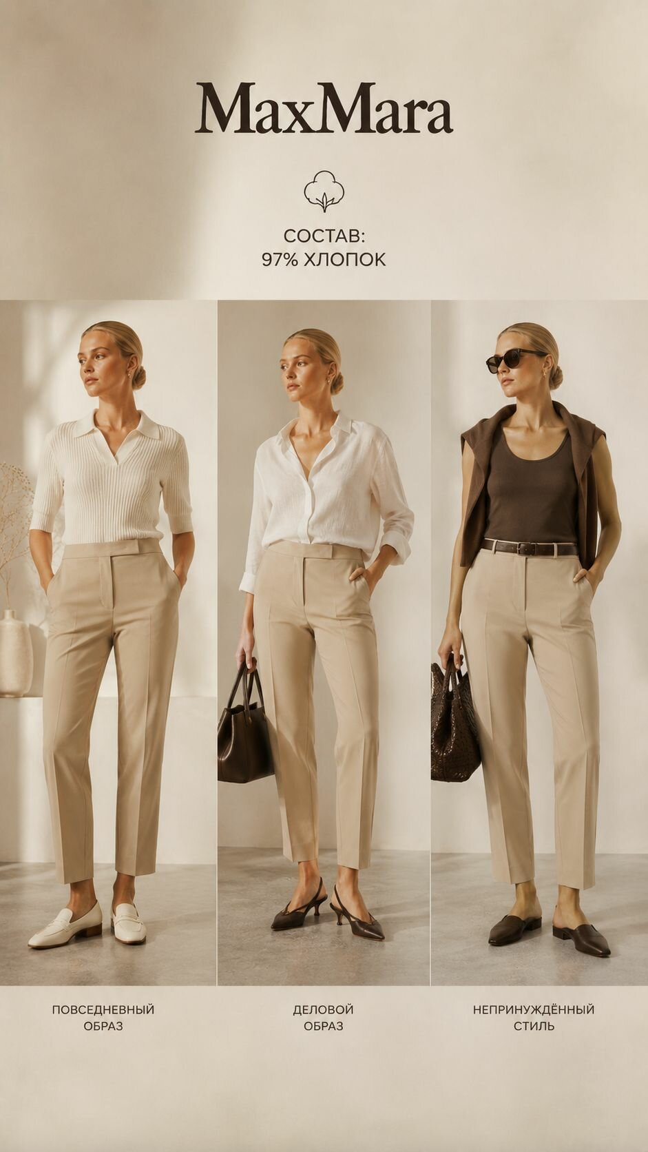 Брюки классические Max Mara, размер 42IT, бежевый — фото 1