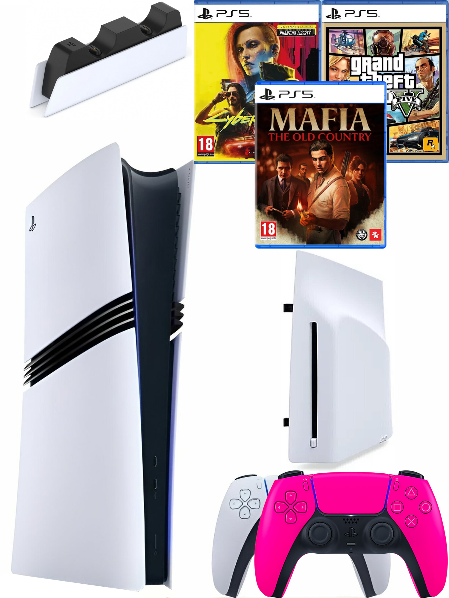 Игровая приставка Sony PS 5 Pro Digital Edition+Зарядная станция+ Дисковод +2-ой геймпад(pink)+3 игры , 2Tb SSD
