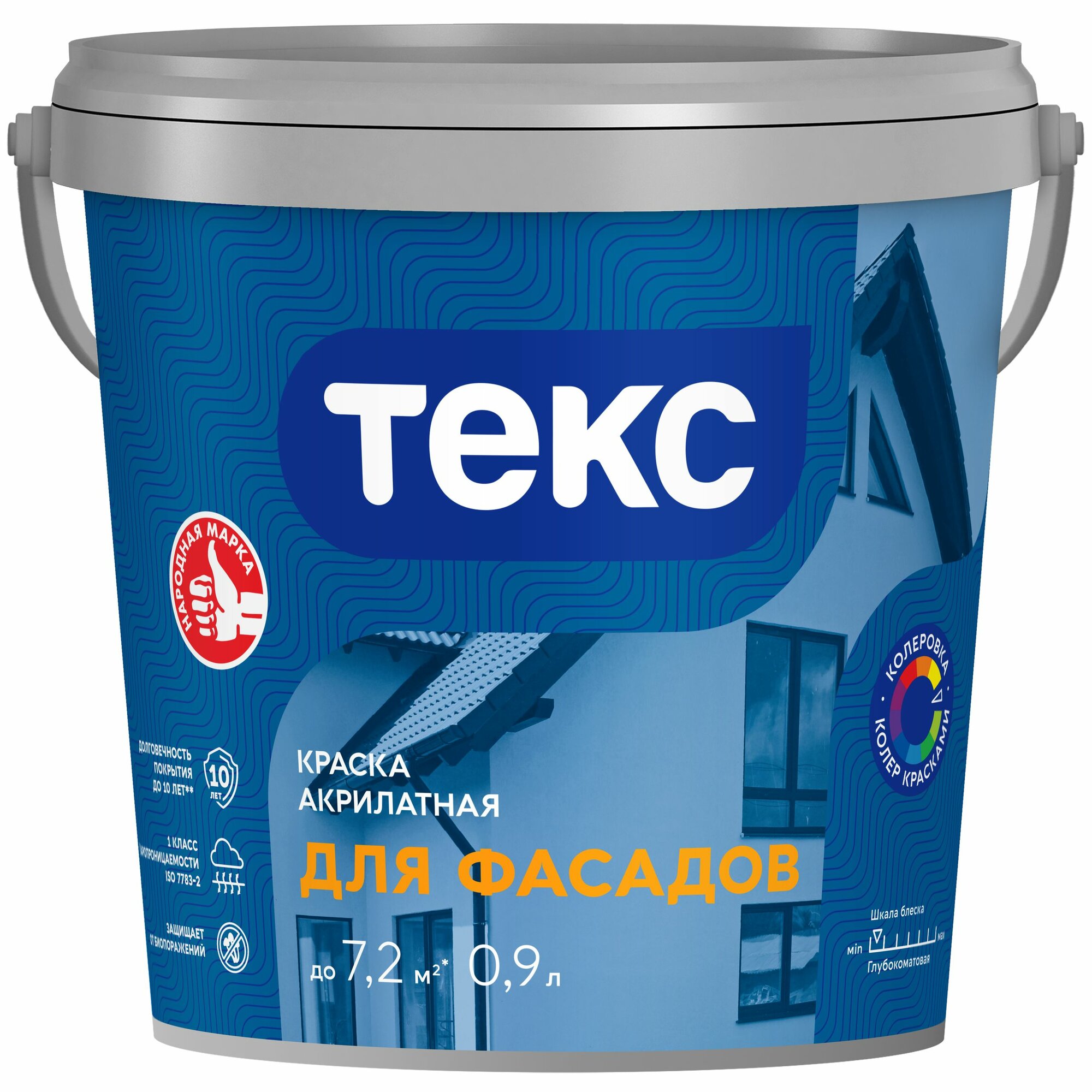 Краска Текс акрилатная для фасадов, Белая, 0,9л, матовая, фасадная, для наружных работ по минеральным поверхностям, база А