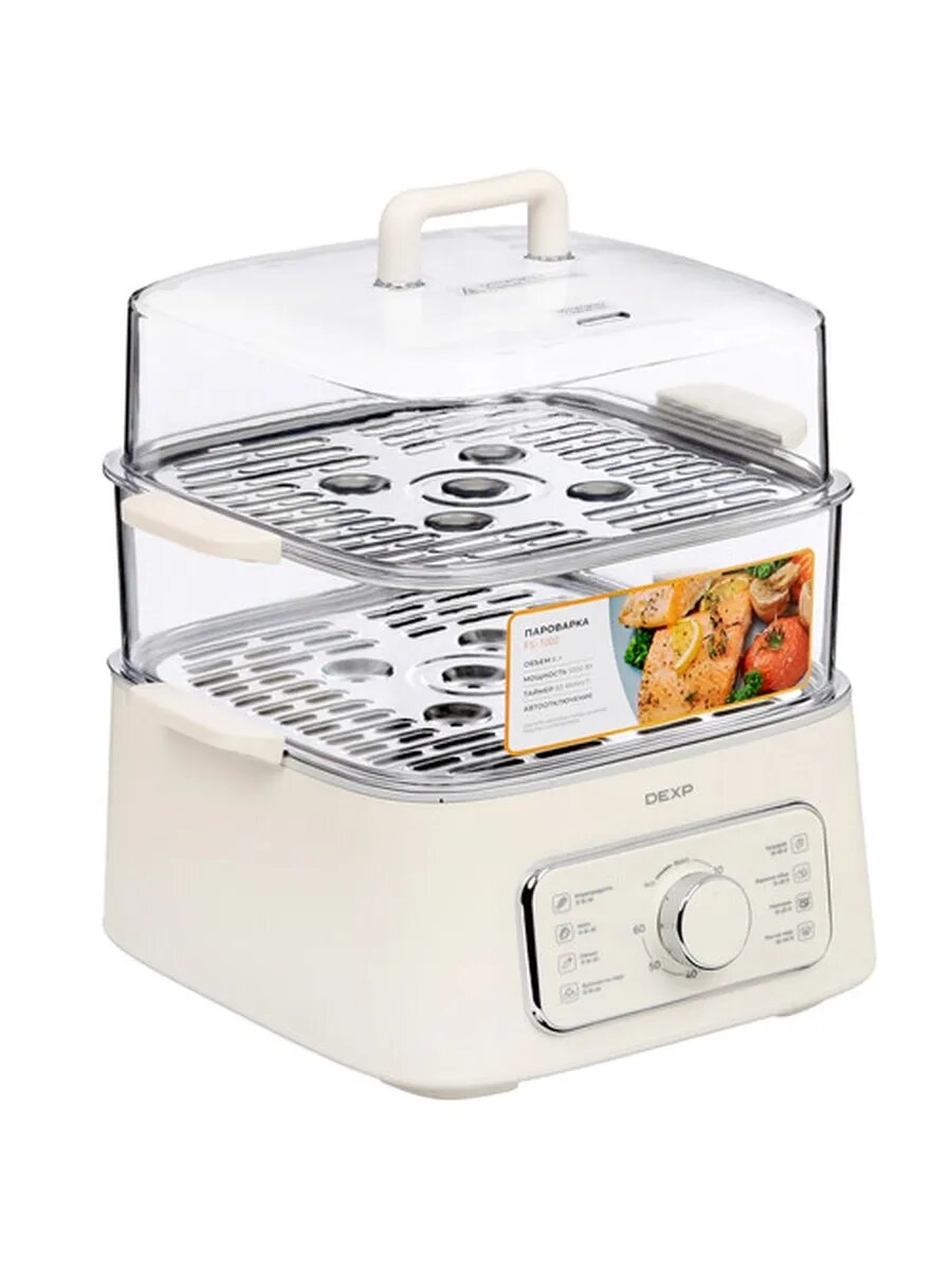 Пароварка DEXP FS-1000 с таймером , 1000 Вт, 2 яруса , бежевый