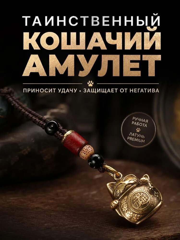 Бронзовый брелок-амулет Фэн-шуй Кот Удачи / Талисман для привлечения денег и защиты / Китайские монеты богатства