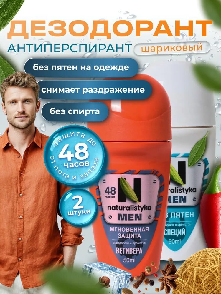 Дезодорант антиперспирант мужской шариковый, защита от пота и запаха до 48 часов, с ароматом ветивера и специй, набор 2 х 50 мл