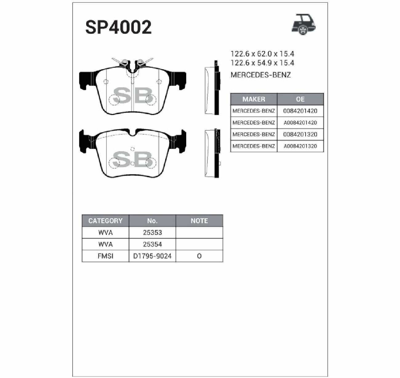 Колодки тормозные дисковые задние Серия: HI-Q MERCEDES-BENZ C-CLASS (W205), SANGSIN SP4002