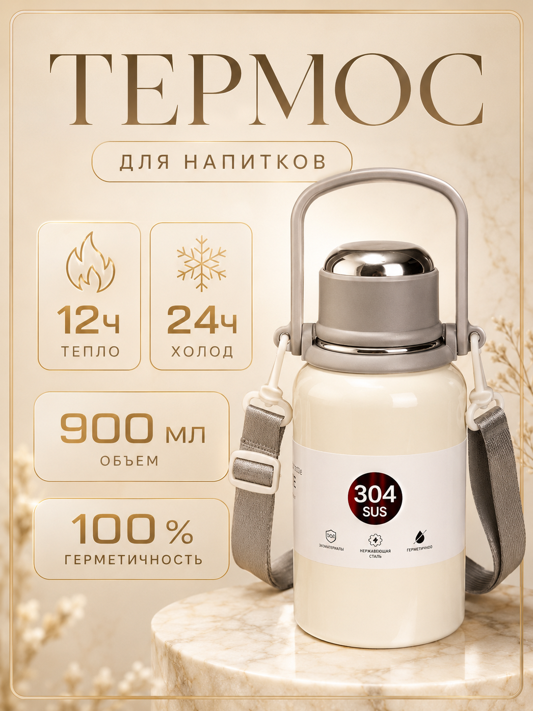 Термос с ремешком, Термобутылка для горячих напитков с ручкой, Непроливайка с кнопкой, 900 мл, Белый