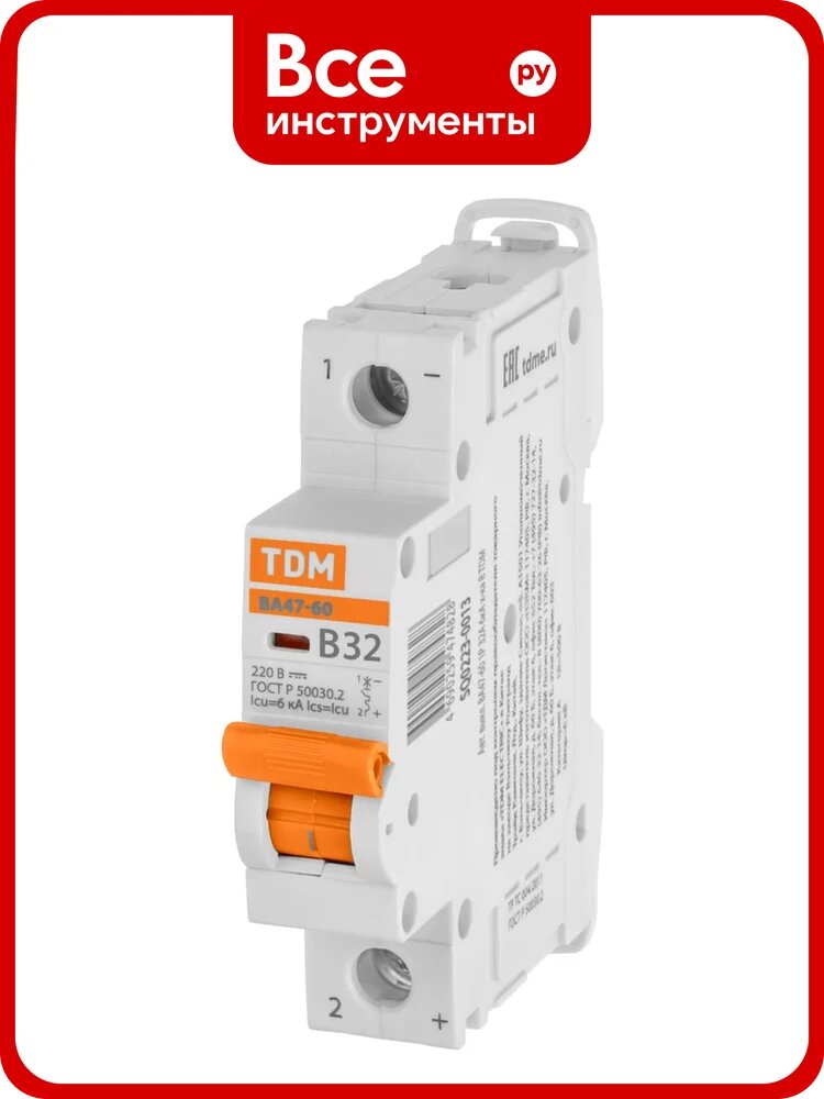 Автоматический выключатель TDM ELECTRIC ВА47-60 1Р 32А 6кА характеристика В SQ0223-0013