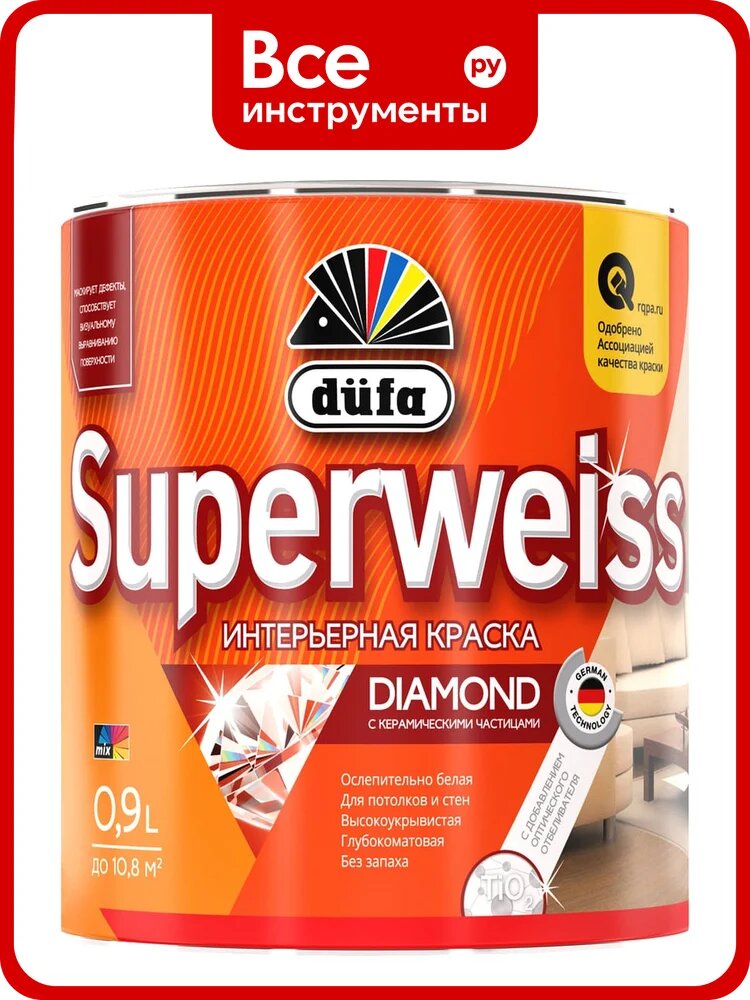 Краска Dufa SUPERWEISS MP00-009513, акриловая, цвет белый, 0,9 л