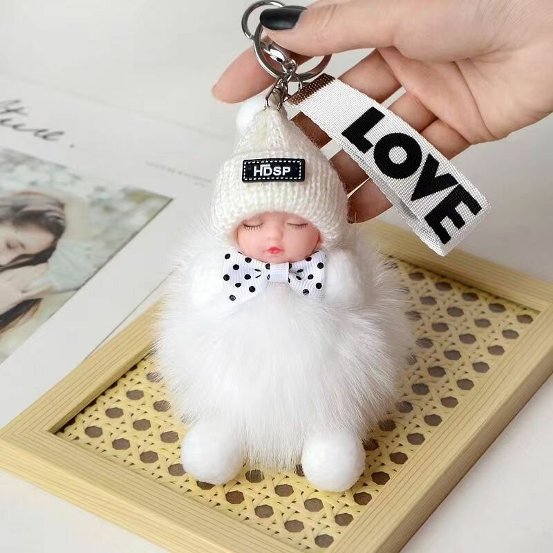 Sleep doll bag tag fox fur handmade car keyholder backpack decor, white