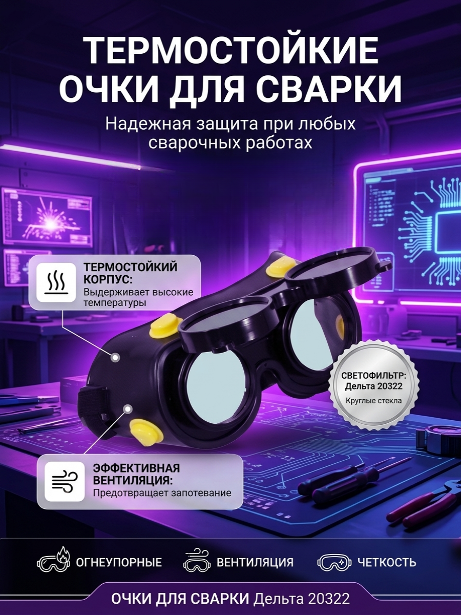 Термостойкие очки для сварки с затемненным и обычным минеральным стеклом, круглые, со светофильтром, Дельта 20322