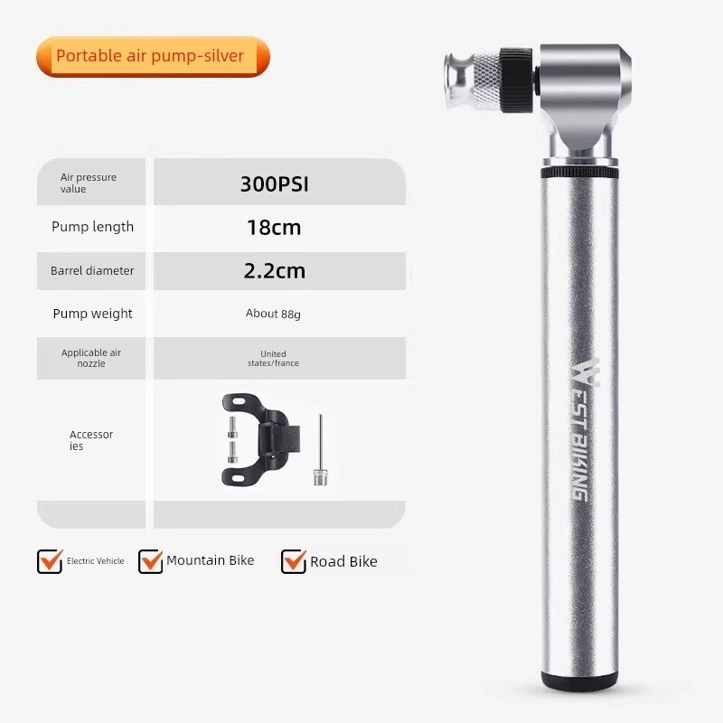 Серебристый улучшенный двухсторонний насос для велосипеда 300PSI мини-портативный с шлангами Presta/Schrader