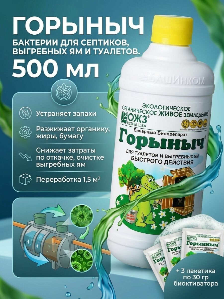 Бактерии для септиков Горыныч 500 мл, биоактиватор для выгребных ям и туалетов быстрого действия