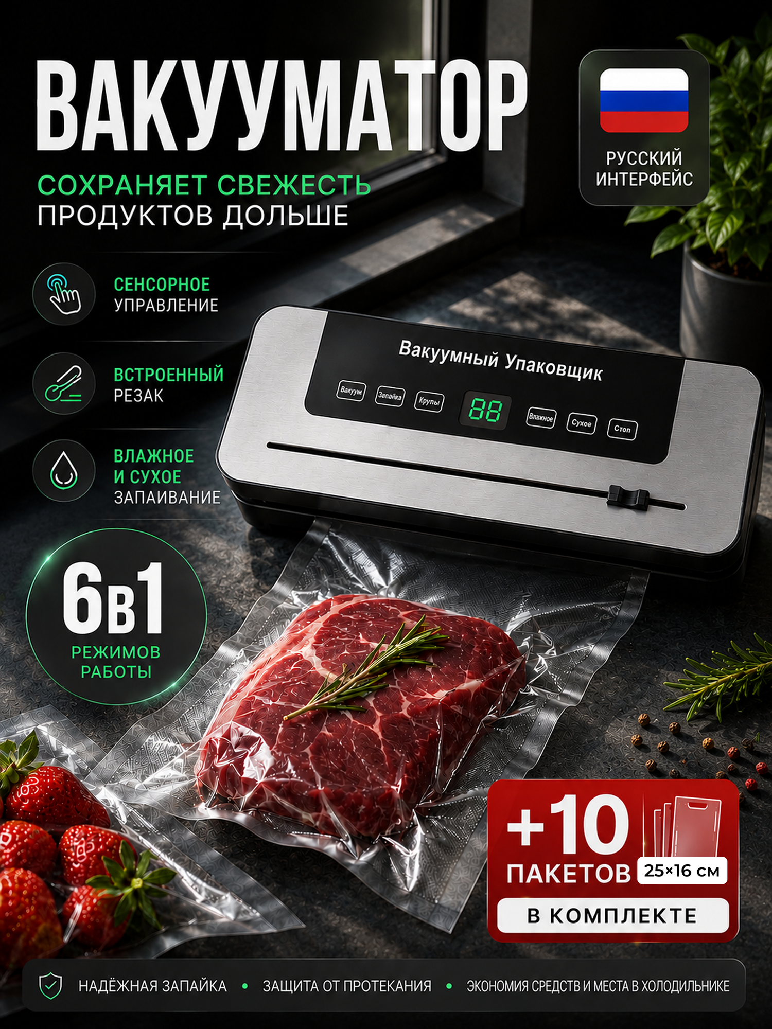 Вакууматор для продуктов с запайкой пакетов и резаком мощный