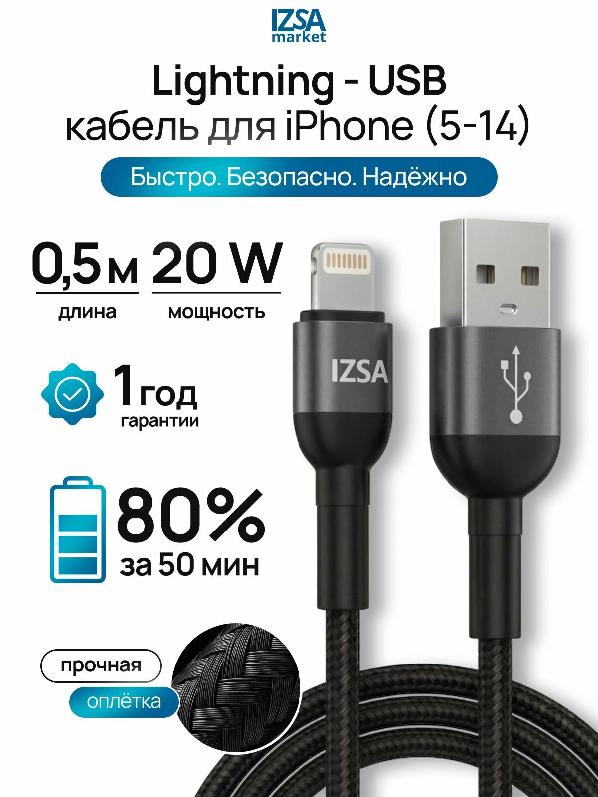 Провод для Айфона, 50 см / Зарядка для iphone lightning 5-14 / Кабель для Айфона, IZSA MARKET