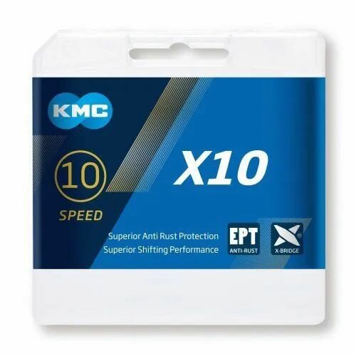 Цепь велосипедная 10 скоростей KMC X10 EPT EcoProTeQ 114 звеньев, с замком, X Bridge, серебристая
