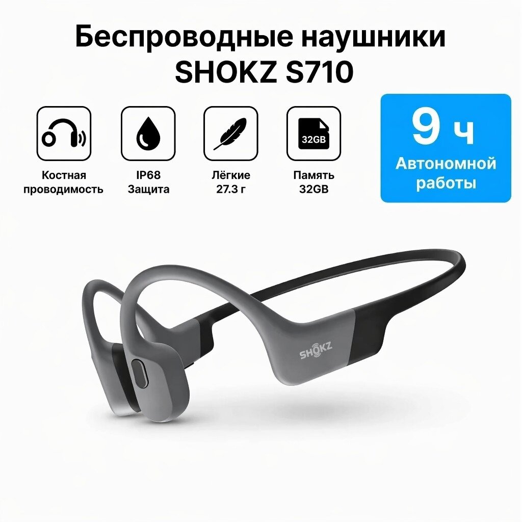 Беспроводные костные наушники Shokz OpenSwim Pro S710, водозащита IP68 для плавания, встроенная память 32 ГБ, серый