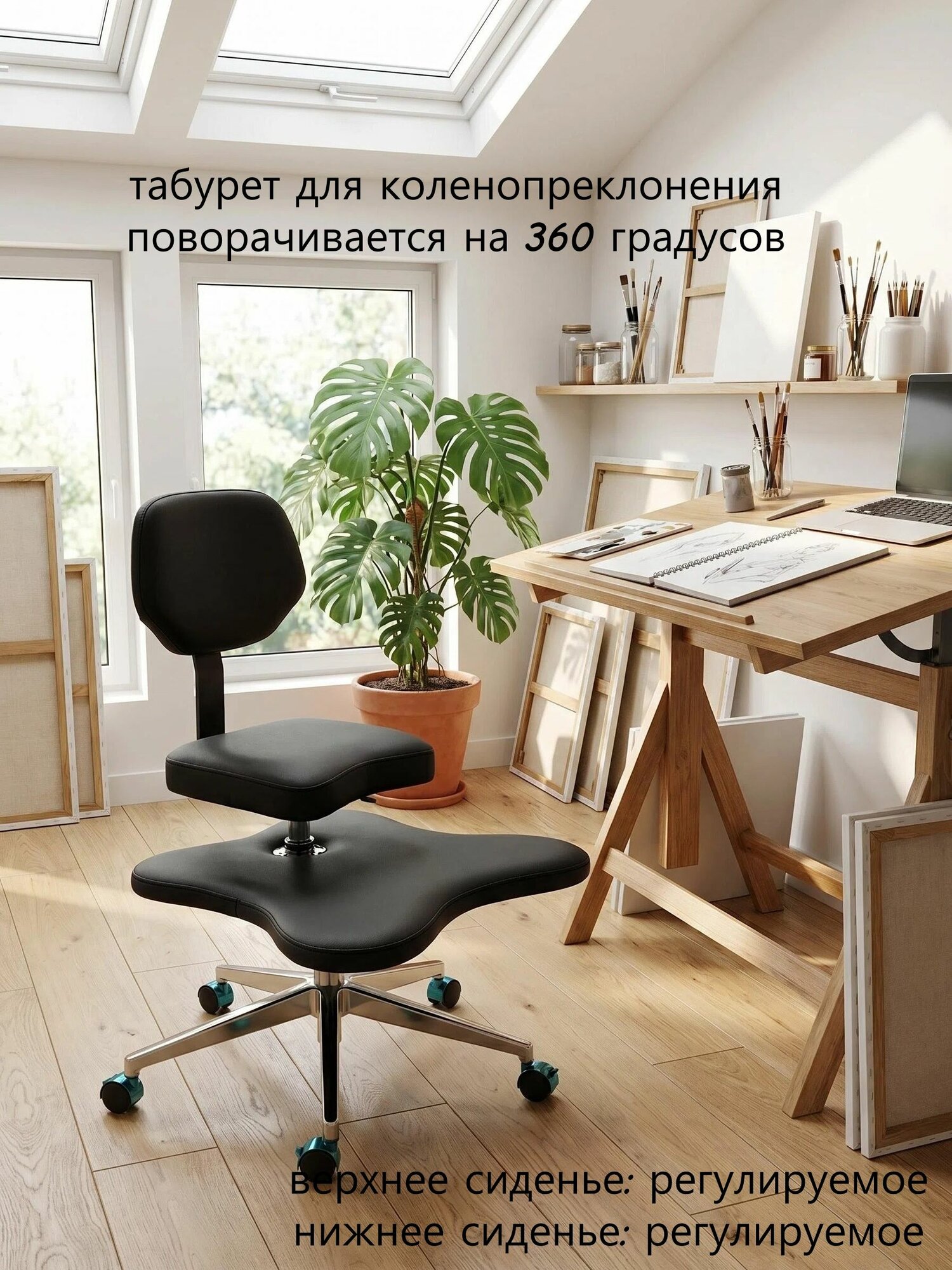 Стул Damedai, скрещенные ноги, с регулировкой высоты, мягкая спинка, чёрное