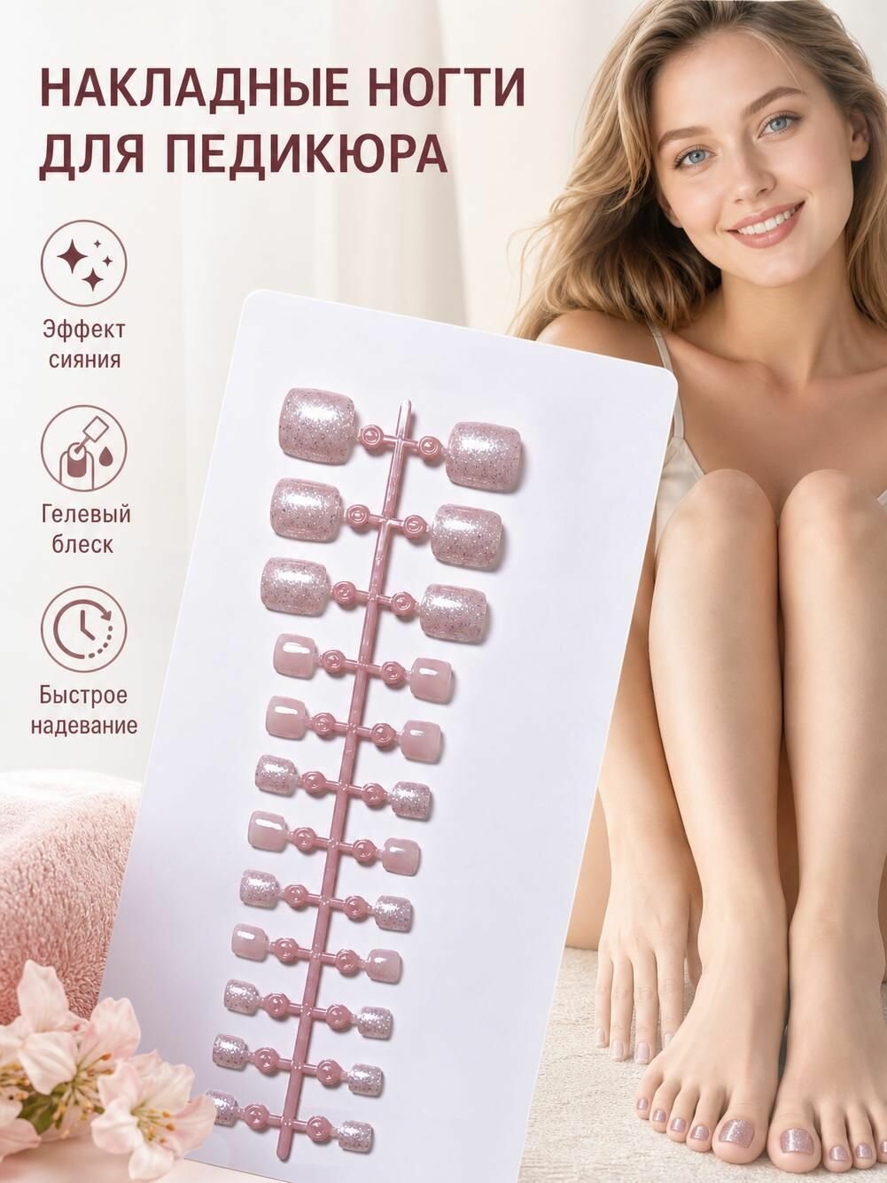 Трендовые накладные ногти для педикюра 24 шт, многоразовые на ноги с клеем