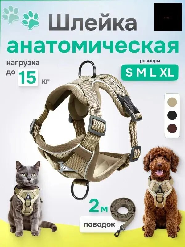 Анатомическая шлейка для собак и кошек с поводком, светоотражающие полосы