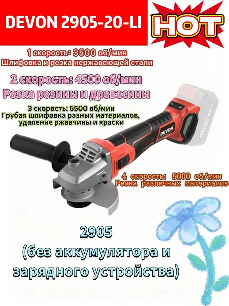 DEVON 2905 Бесщеточная угловая шлифовальная машина с регулируемой скоростью вращения на литиевой батарее 20 В