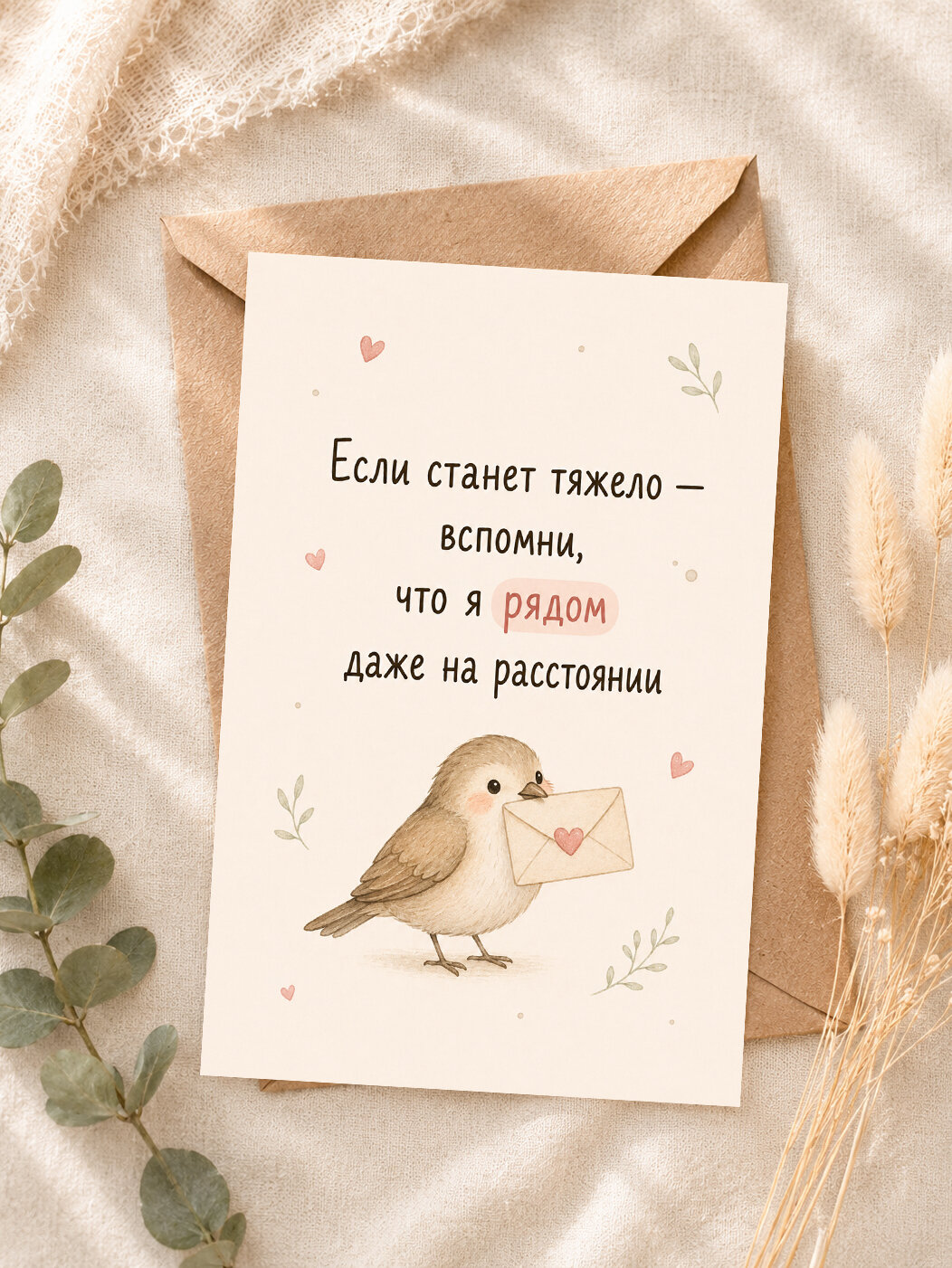 Открытка "Если станет тяжело — я рядом", поддерживающая с птичкой и письмом, конверт, 10х15