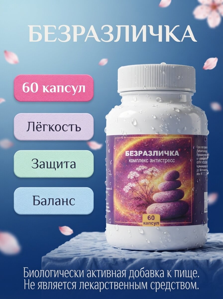 БАД антистресс Безразличка, натуральный состав, банка, 60 капсул