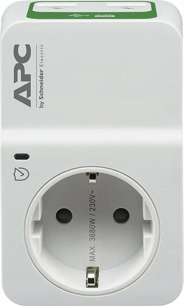 Schneider Apc Surge Protector , Pm1Wu2-Gr, Адаптер розетки с защитой от высокого напряжения (1 штекер Schuko, 2 розетки для зарядки USB, белый)