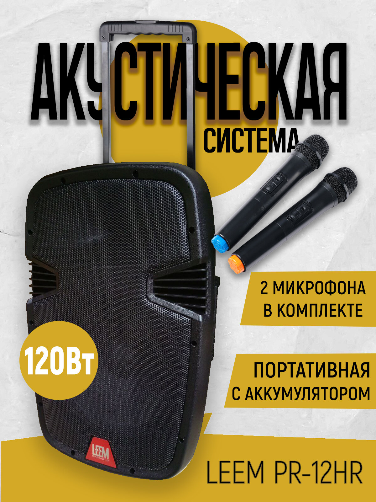 Портативная акустическая система с двумя радиомикрофонами Leem PR-12HR, пиковая мощность 120Вт
