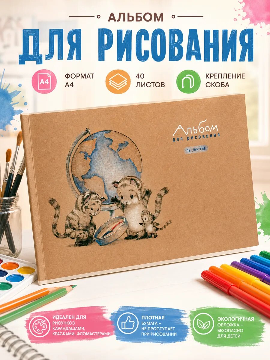 Альбом д/рисования 12л. Тигрята у глобуса (А-4, блок-белый офсет 100гр/м2, обложка кар