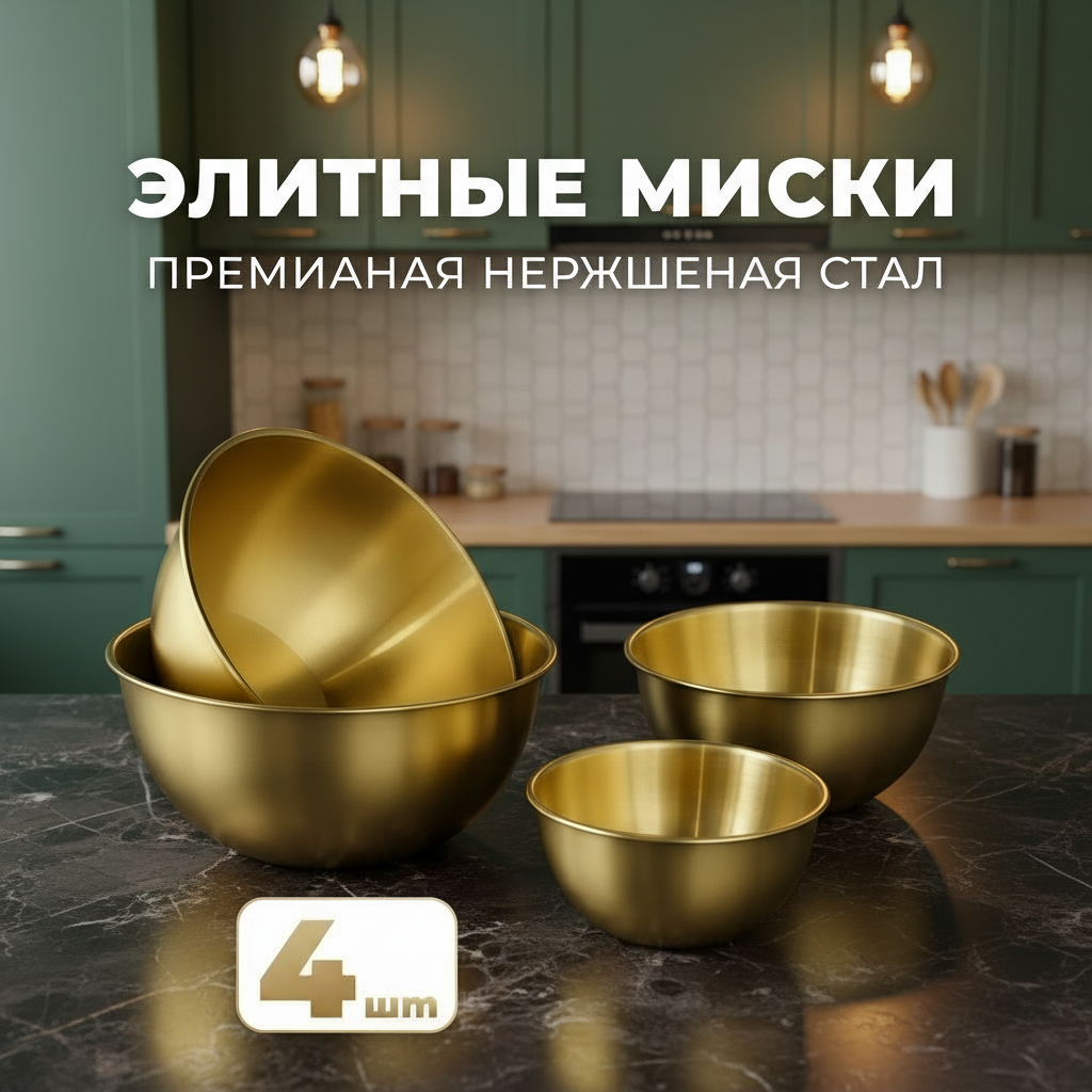 Shiny Kitchen 4 миски золото нержавейка 2.5 литра набор