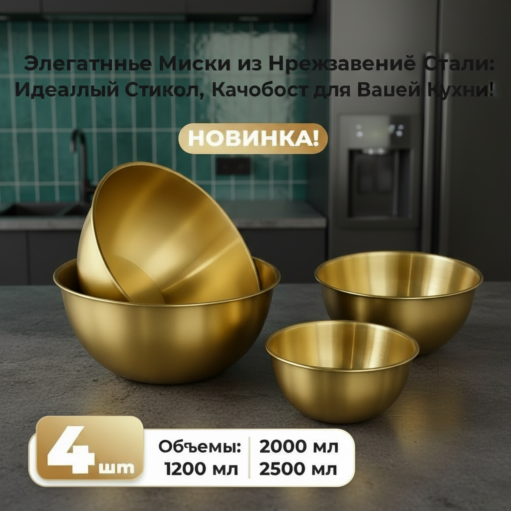 Золотые миски Shiny Kitchen 2.5 литра 4 штуки нержавеющая сталь