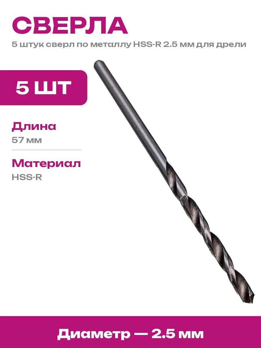 Сверло по металлу 2.5х57 мм набор 5 штук спиральные сверла