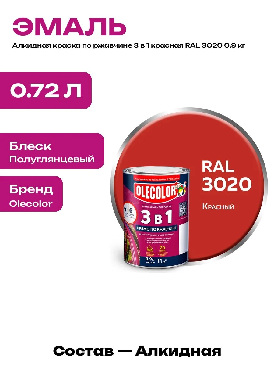 Грунт эмаль по ржавчине 3 в 1 для ворот красный RAL 3020 0.9