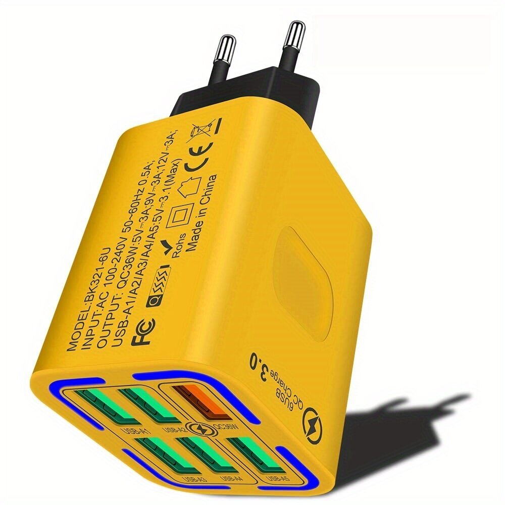 50W 6-портовое USB-C зарядное устройство с 3 USB и 3 PD портами, QC 3.0, портативное дорожное, для iPhone, iPad, Samsung, желтый, европейская вилка, модель Kod-321-6U-AV