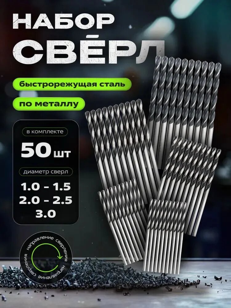 Набор сверл по металлу 1,0мм-3,0мм Р6М5 из 50 шт, ТОК