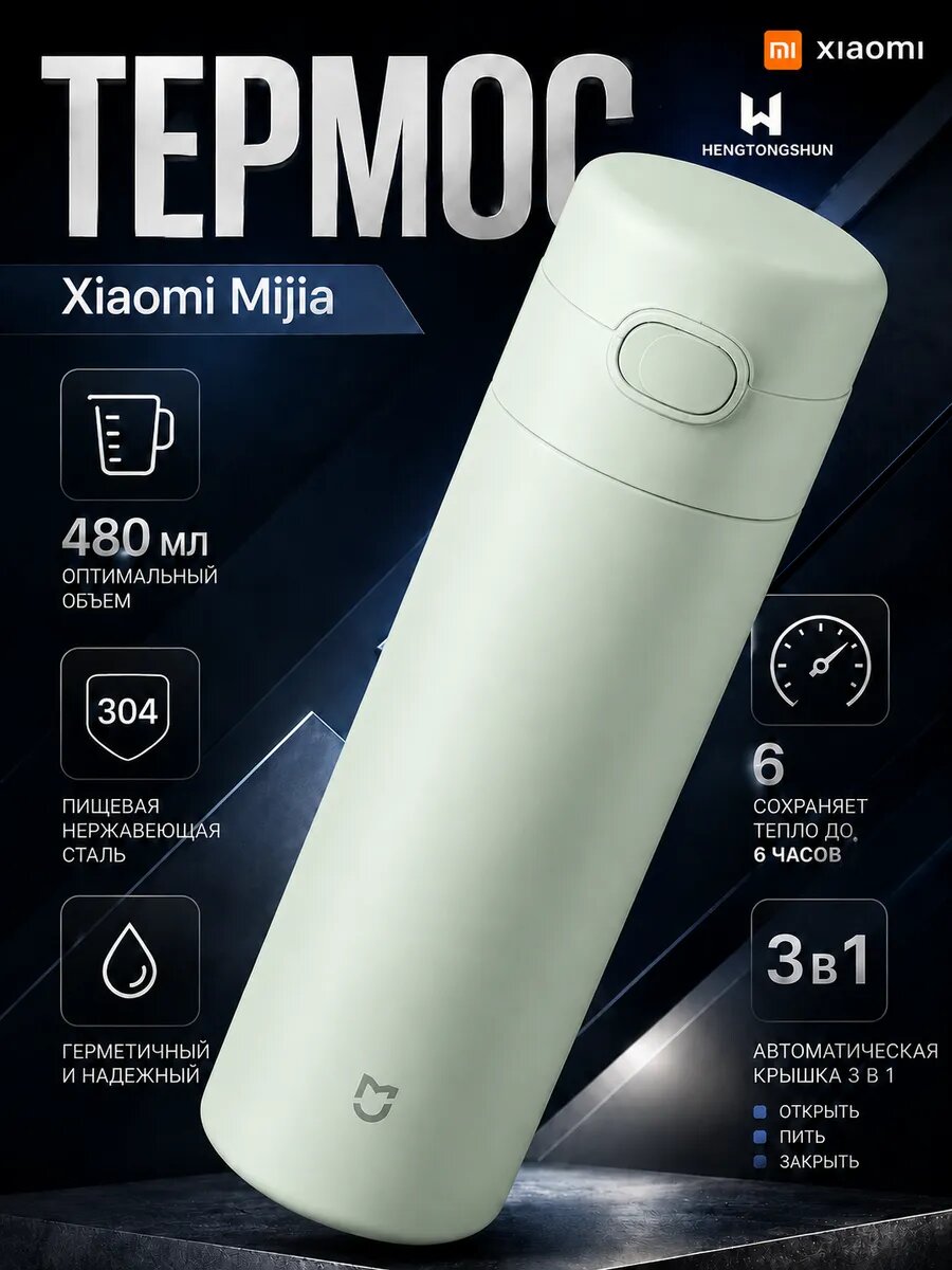 Термокружка Mijia Flip Version 2 объёмом 480 мл с откидной крышкой и автоматическим замком