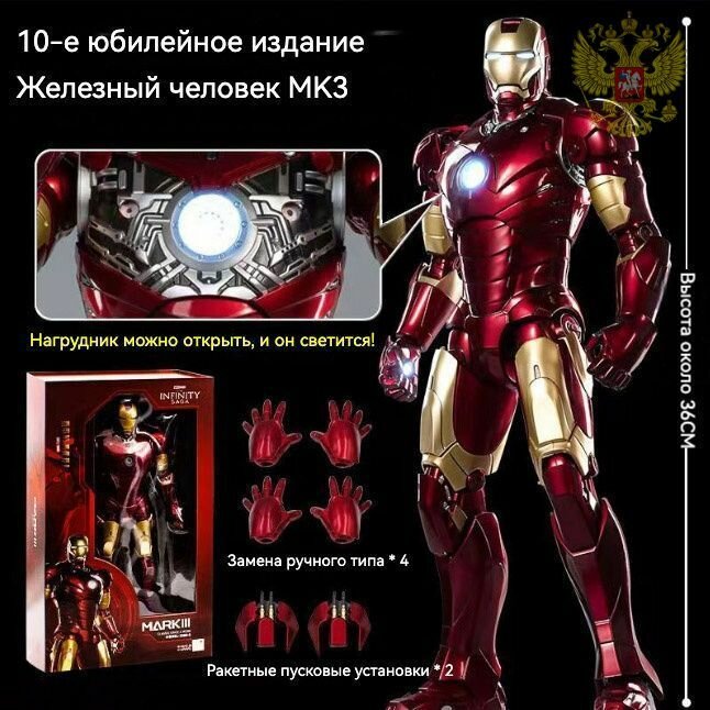 Железный человек, Marvel 10th Anniversary Edition Iron Man Mark 3, светящаяся игрушка ручной работы, 36 см, ZD TOYS