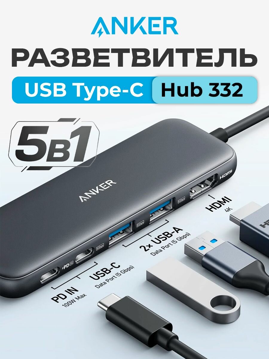 USB концентратор5-port USB Type C Hub Anker 332 A8355H11 (5-in-1)