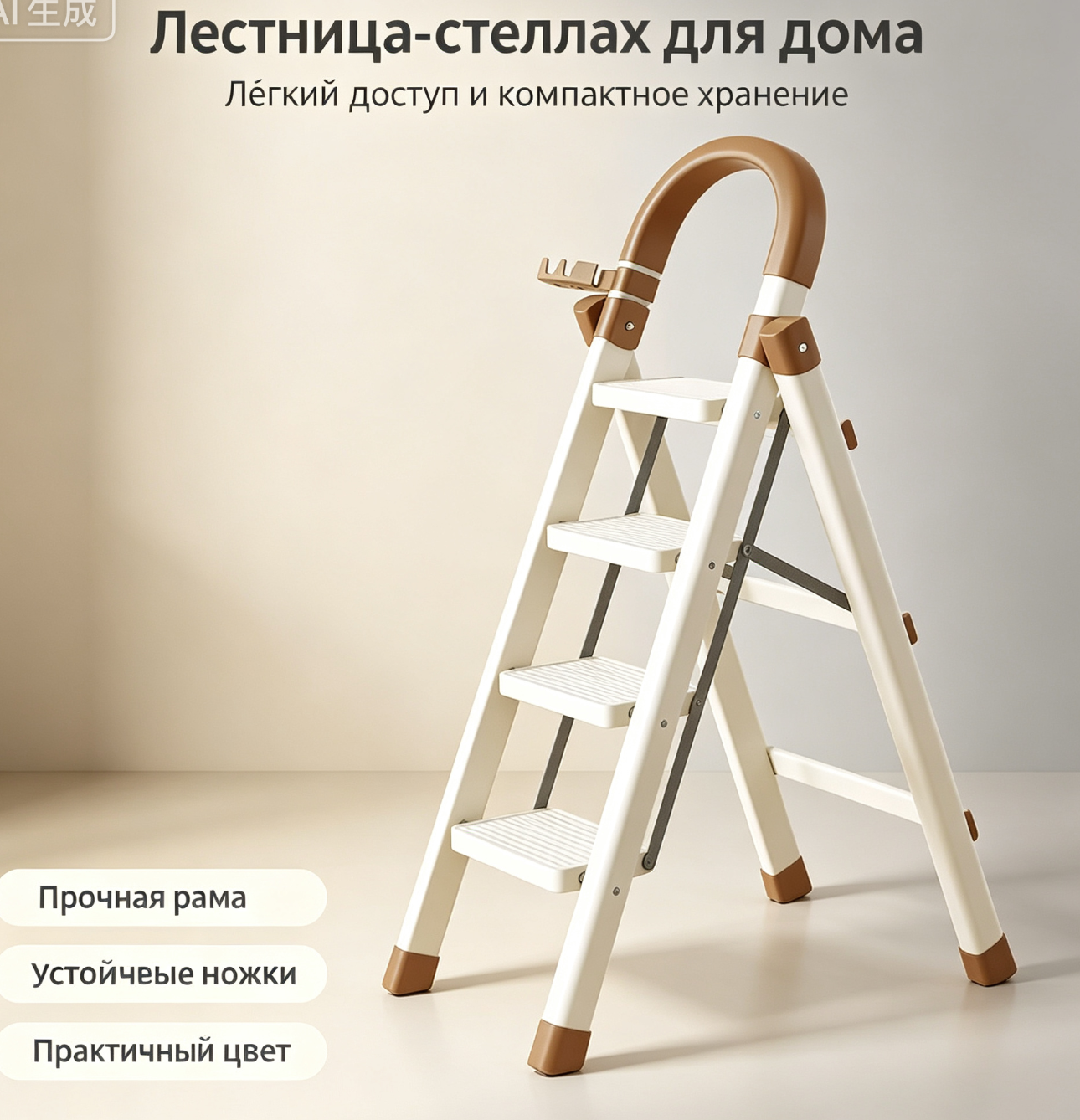 Лестница-стремянка, складная, 4 ступени, металлическая, с подставкой, противоскользящие
