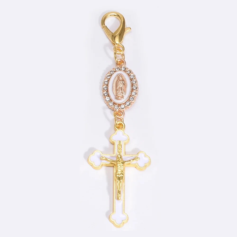 Кулон крест с Девой Марией, WHITE, Розовый