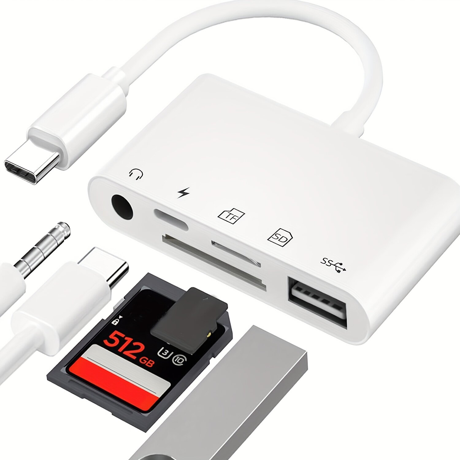 5-в-1 кардридер для SD-карт, совместимый с iPhone 15 Pro Max/MacBook, адаптер USB-C – OTG, разъём 3,5 мм, чтение SD/TF-карт, версия Type-C