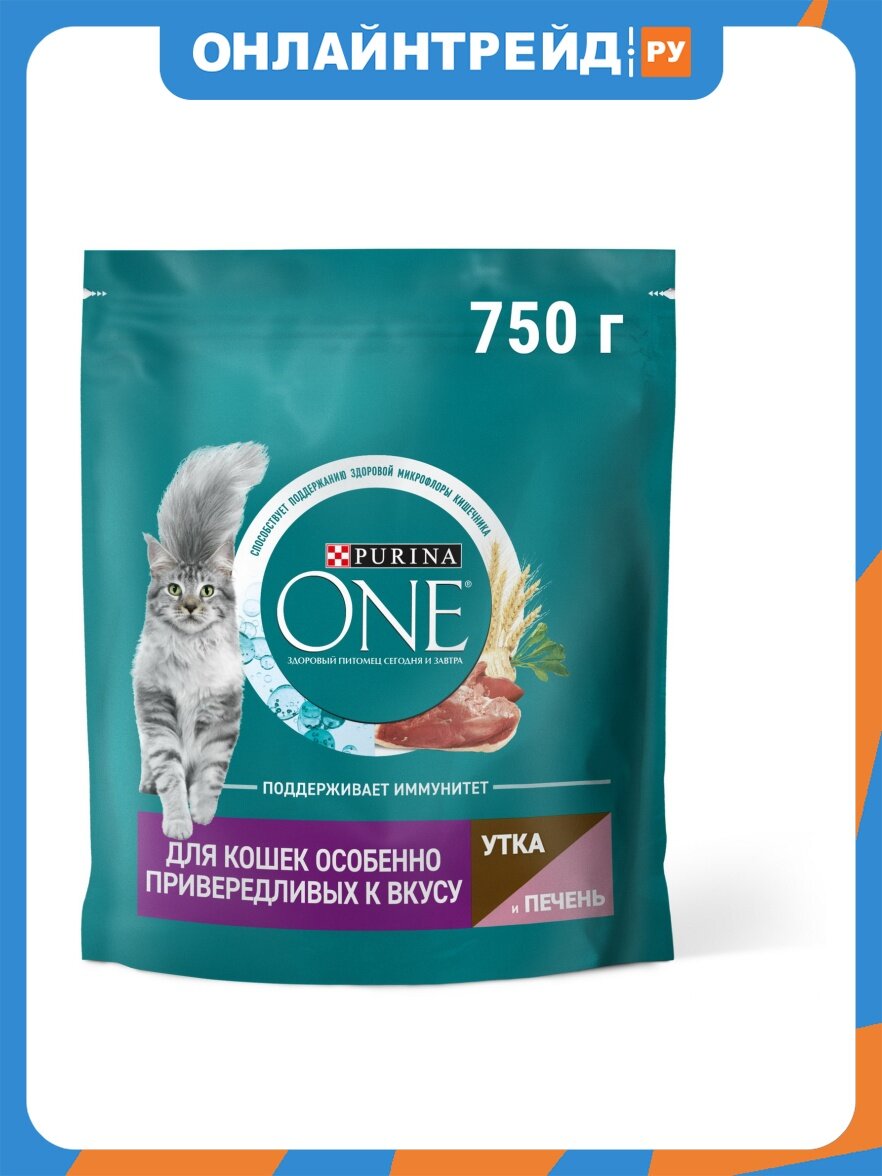 Сухой корм для кошек Purina One особенно привередливых к вкусу с уткой и печенью 750 г