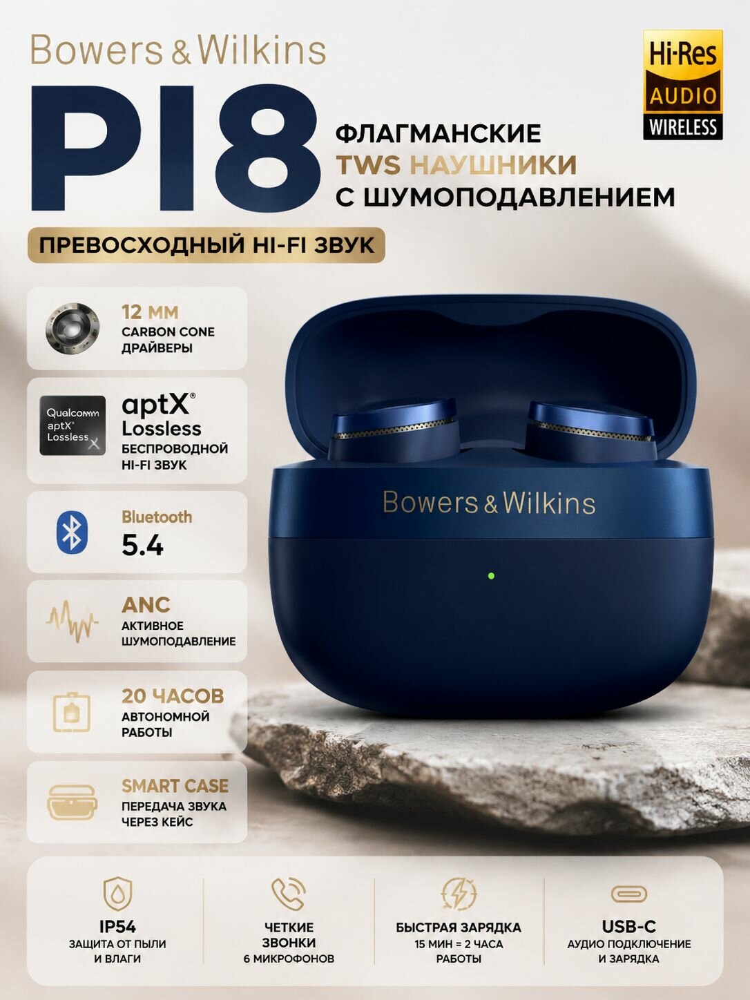 Bowers & Wilkins Pi8 Беспроводные наушники TWS с ANC Bluetooth 5.4 aptX Lossless Hi-Fi звук 12 мм Carbon Cone Smart Case