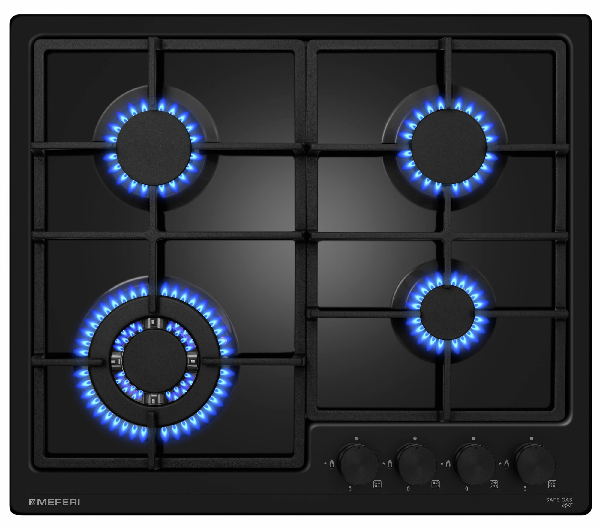 Варочная панель газовая MEFERI MGH604BK LIGHT 60 см, черная, 4 конфорки, решетки из высококачественного чугуна, эмалированное покрытие, термостойкие ручки, автоподжиг, газ-контроль