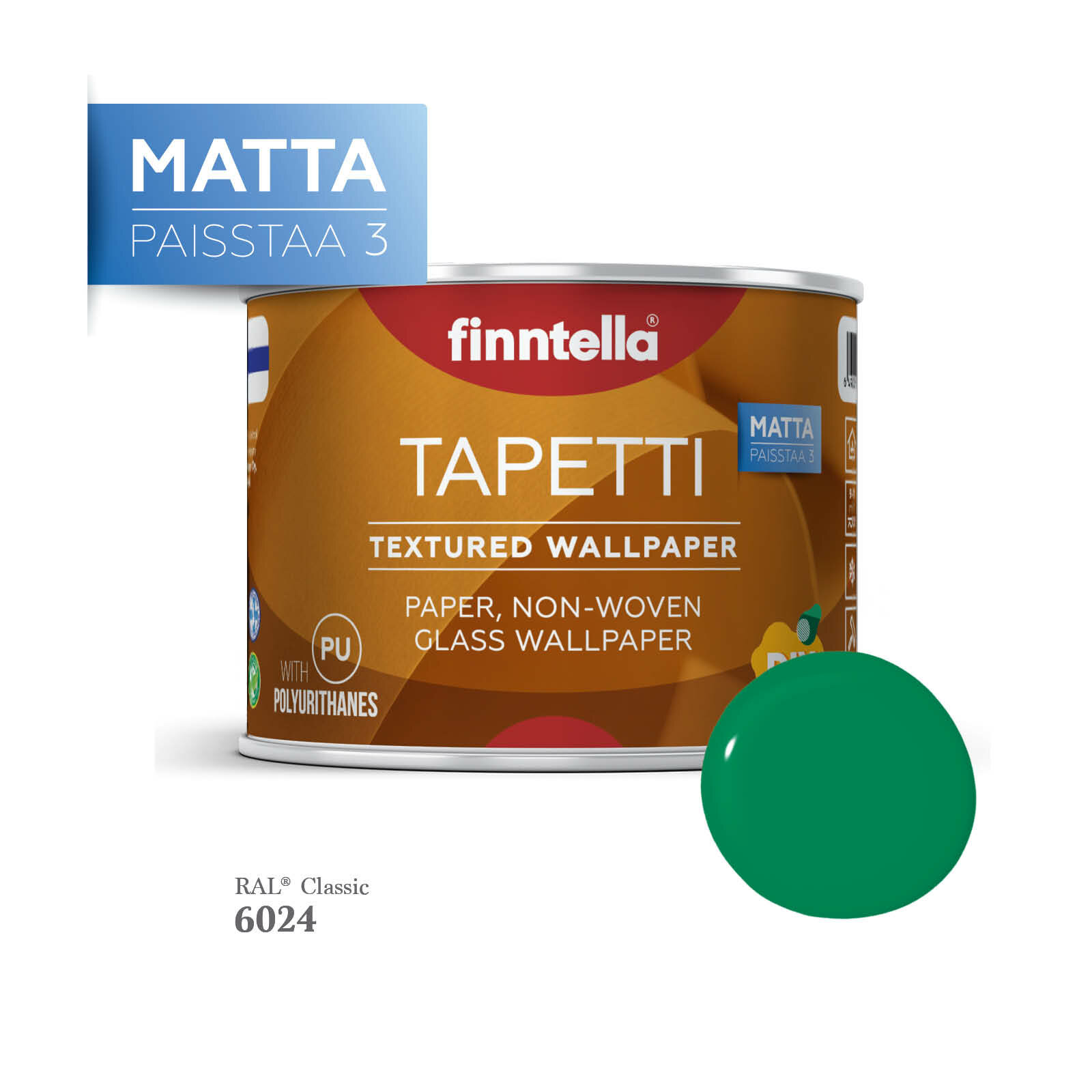 Матовая краска для обоев под окраску TAPETTI Matta FINNTELLA, Цвет RAL 6024 Транспортный зеленый (Traffic green), 0,45л