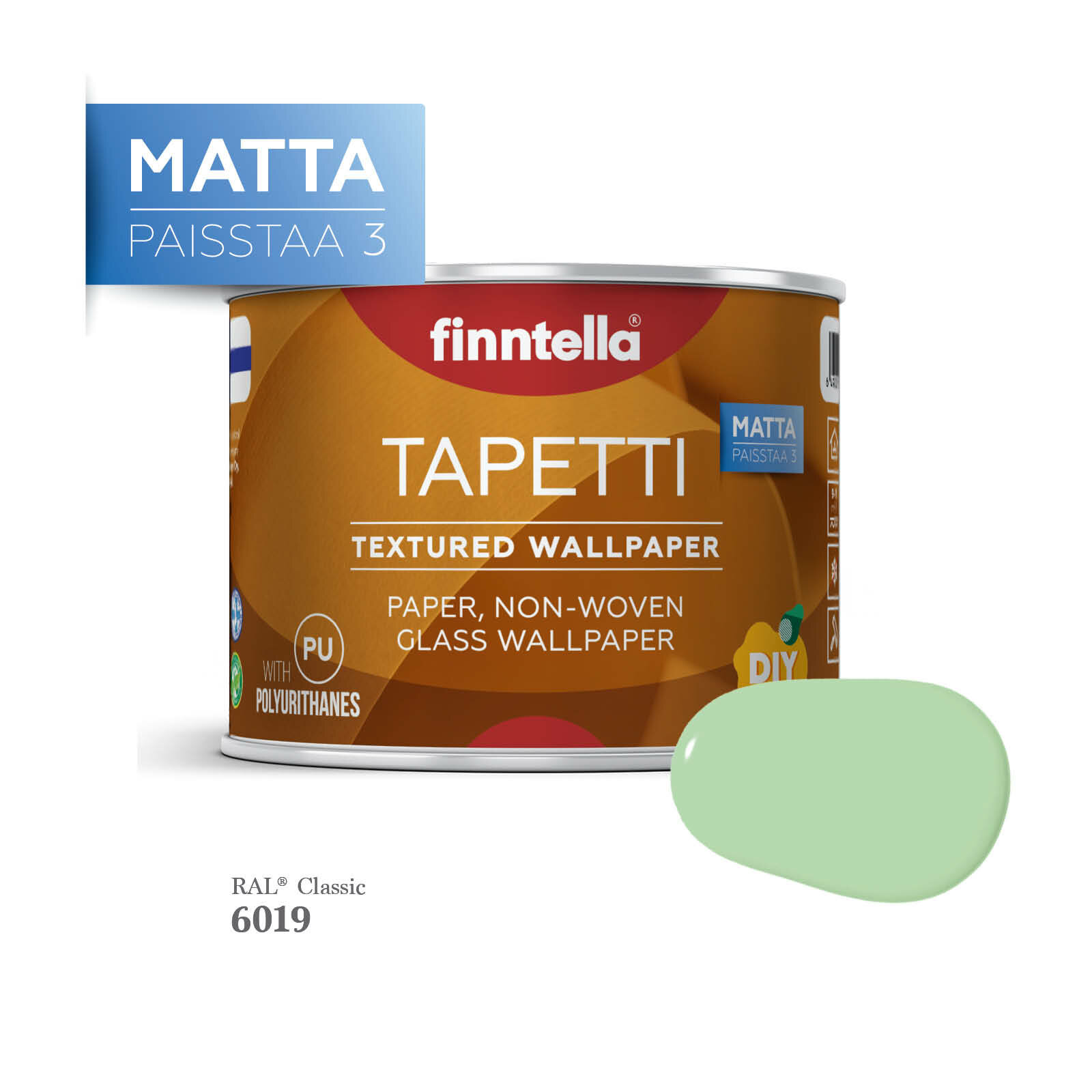 Матовая краска для обоев под окраску TAPETTI Matta FINNTELLA, Цвет RAL 6019 Бело-зеленый (Pastel green), 0,45л
