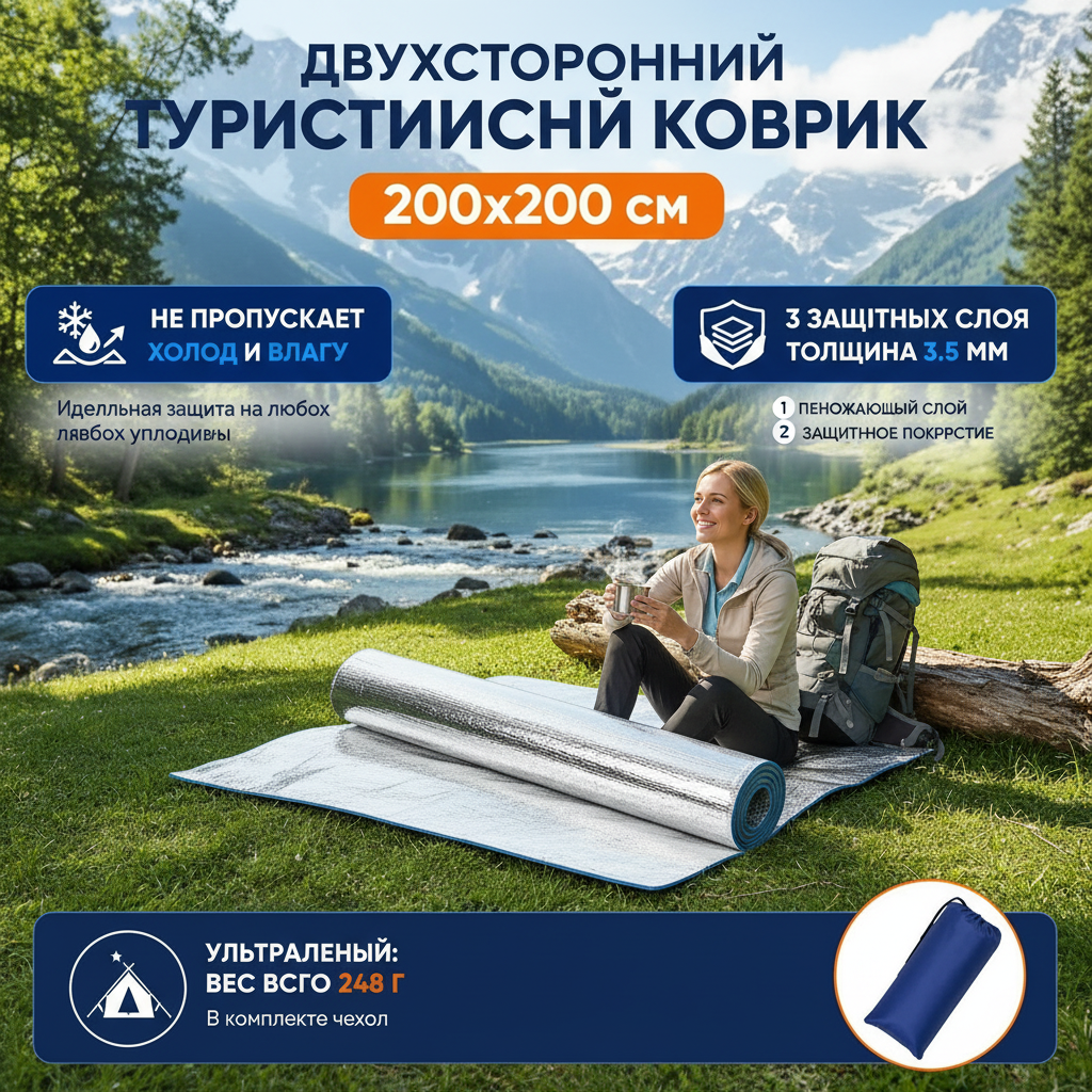 Туристический коврик, двухсторонний фольгированный-термоковрик водонепроницаемый 200х200 см, для палатки/кемпинга и пикника на природе.