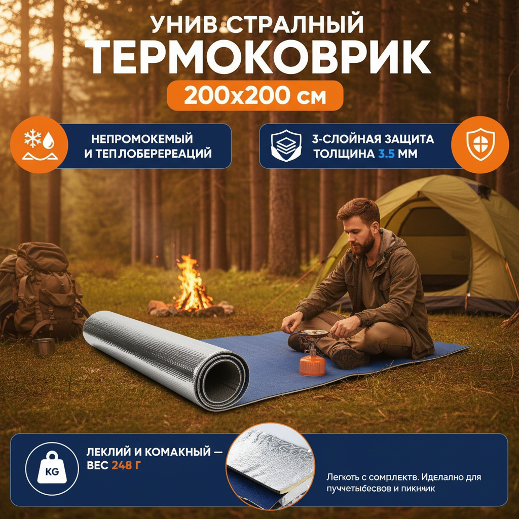 Туристический коврик, двухсторонний фольгированный-термоковрик водонепроницаемый 200х200 см, для палатки/кемпинга и пикника на природе.