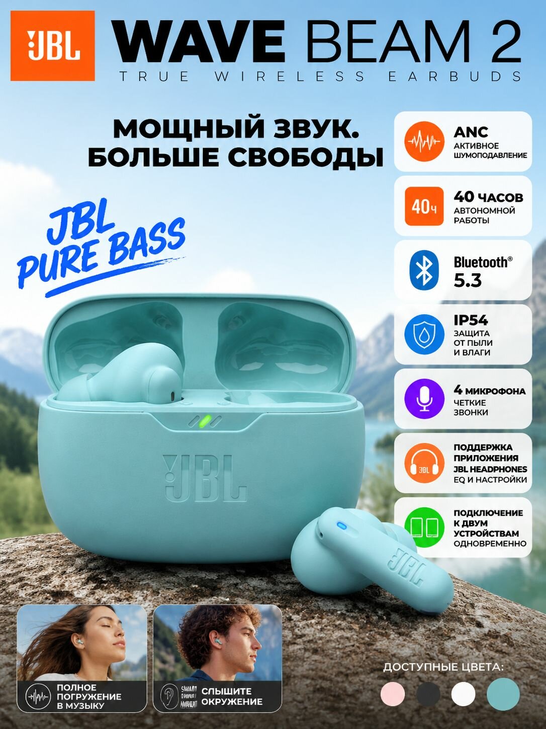 Беспроводная Bluetooth-гарнитура JBL WAVE BEAM2 синего цвета