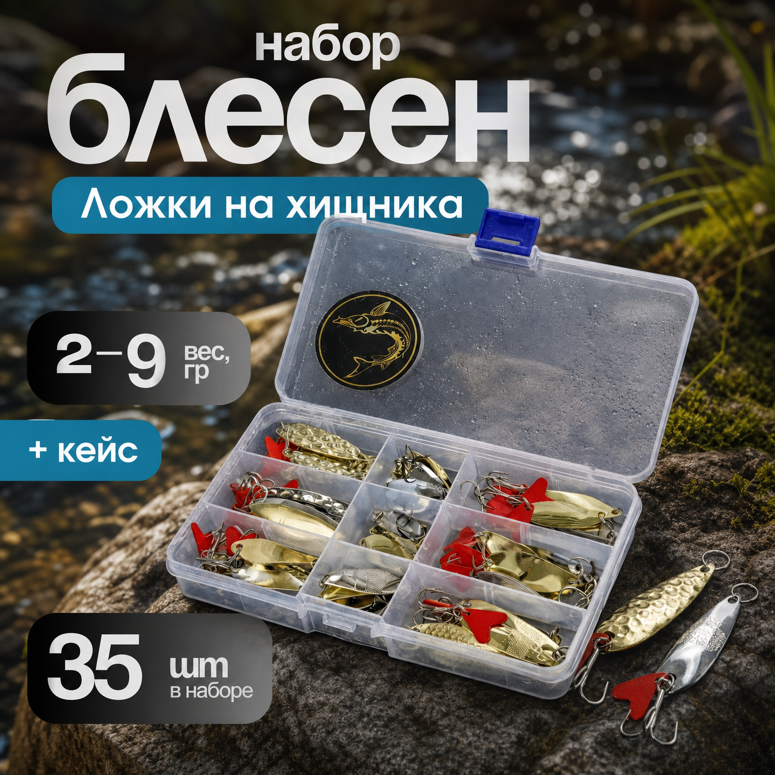 Набор блесен для рыбалки / Ложки и колебалки на хищника / Блесна на щуку / 35 шт. в комплекте / Кейс в подарок / Подарок мужчине (Вес блесен: 2-9 гр; Цвет товара: золотой; Комплектация: Пластиковый кейс с 35 блеснами; Размеры кейса: 180x110x40 мм)