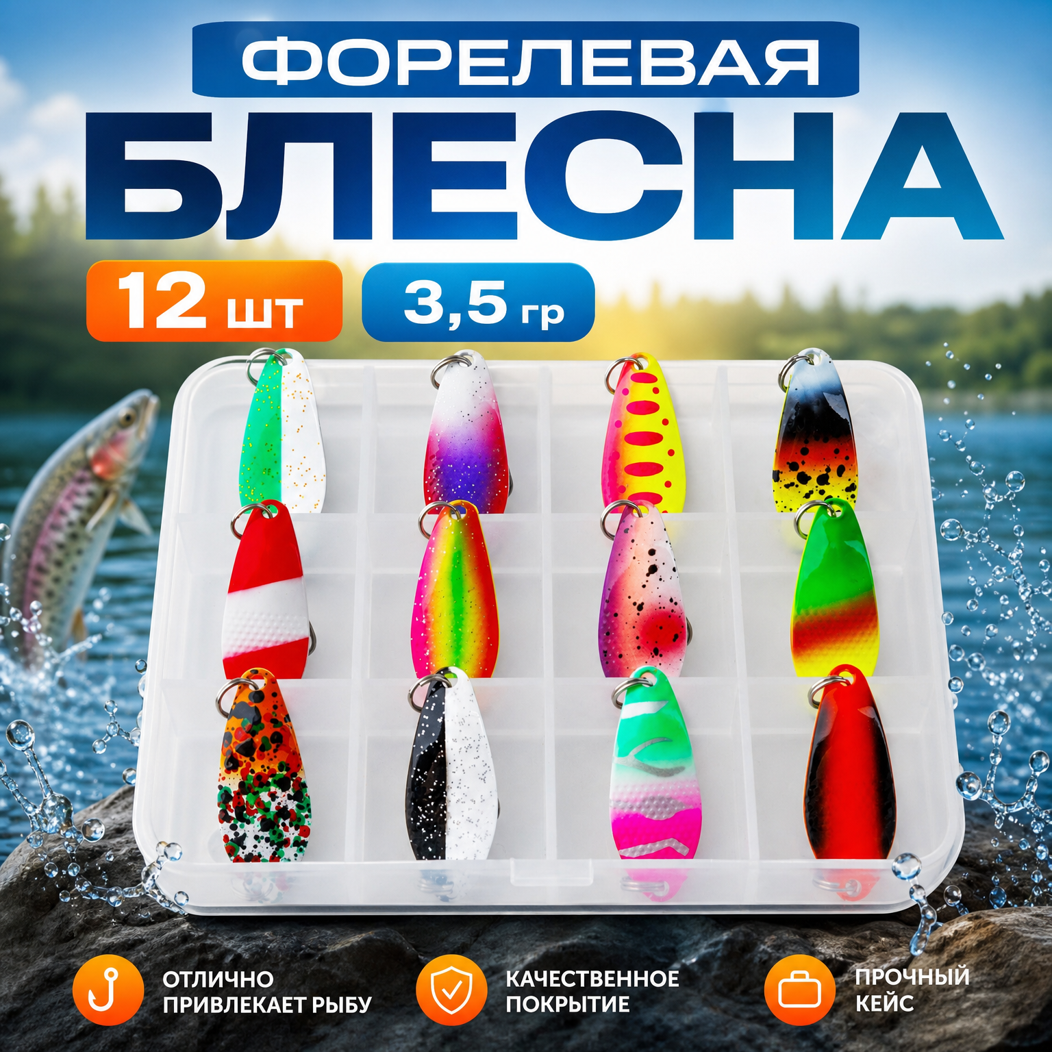 Лососевая блесна колебалка для рыбалки набор в кейсе 4.0гр, 10 шт. (Цвет товара: лососевые блесны 10 цветов набор 3; Длина: 55 мм)