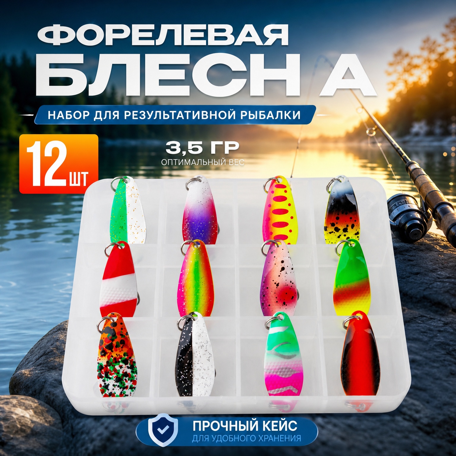 Форелевая блесна колебалка для рыбалки набор в кейсе 3.5гр, 12 шт. (Цвет товара: форелевые блесны 12 цветов набор 5; Длина: 49 мм)